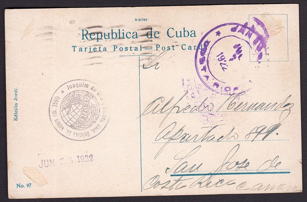 Cuba 1922 PPC (Charles III Promenade) to Costa Rica. Habana Machine ...