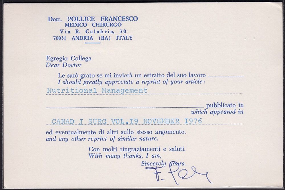Italy 1979 Medical Article Request Card 120L rate from Andria to ...