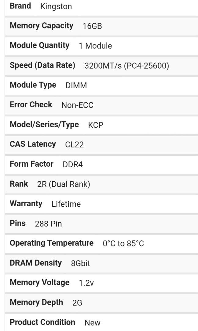 KINGSTON 16GB DDR4 3200MHZ PC RAM (KCP432ND8/16), Computers & Tech ...