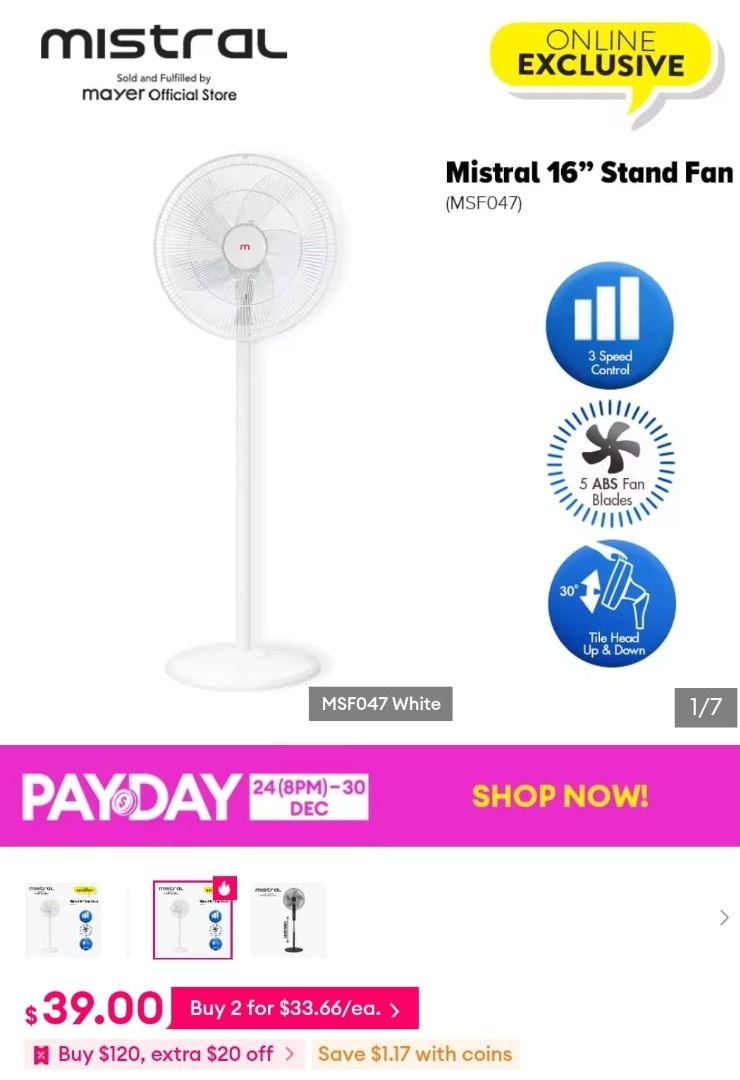 Mistral MFS047 16 inch Stand Fan (White), TV & Home Appliances, Other ...