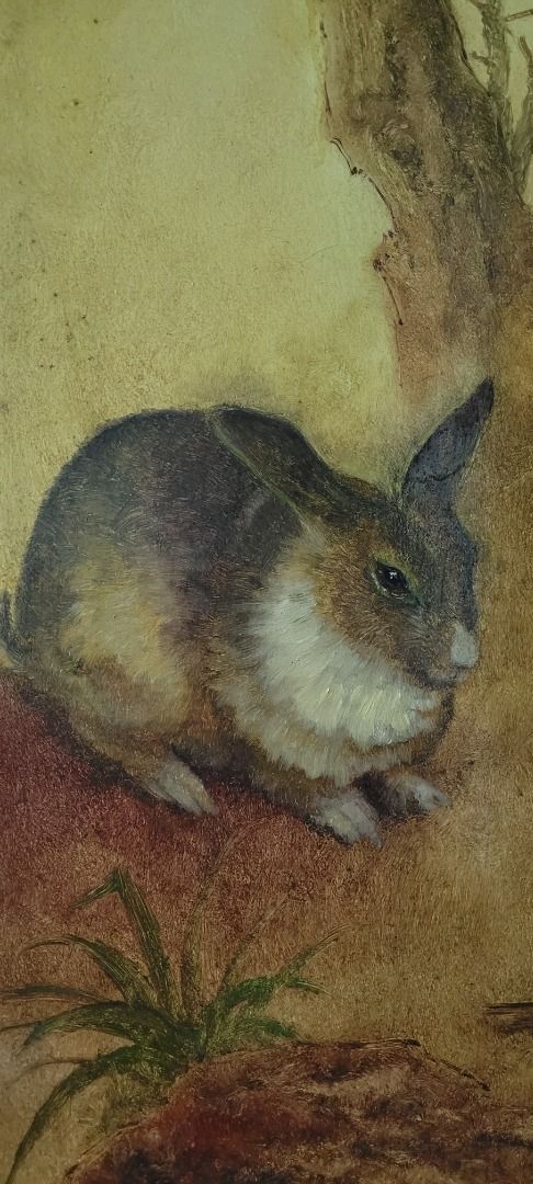 OM02 Lee Man Fong (1913-1988) Oil Painting ‘Two Rabbits’ Signature and ...