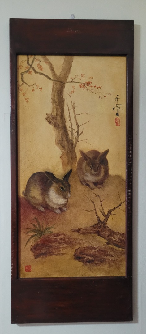 OM02 Lee Man Fong (1913-1988) Oil Painting ‘Two Rabbits’ Signature and ...