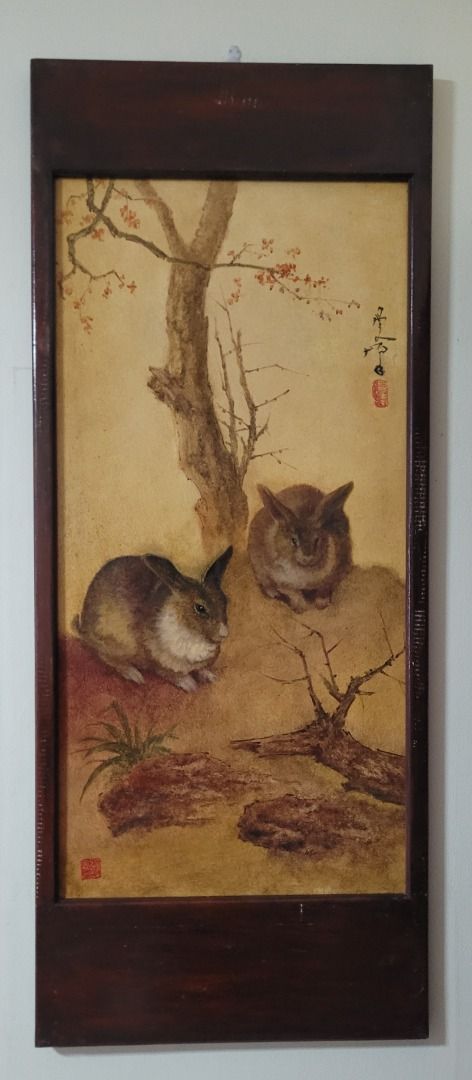 OM02 Lee Man Fong (1913-1988) Oil Painting ‘Two Rabbits’ Signature and ...