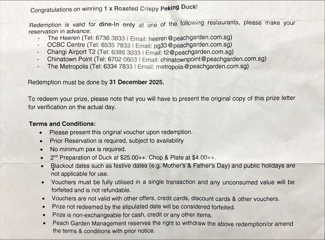 Peach Garden Peking Duck Voucher (Exp 31 Dec 2025) -113.9, Tickets ...