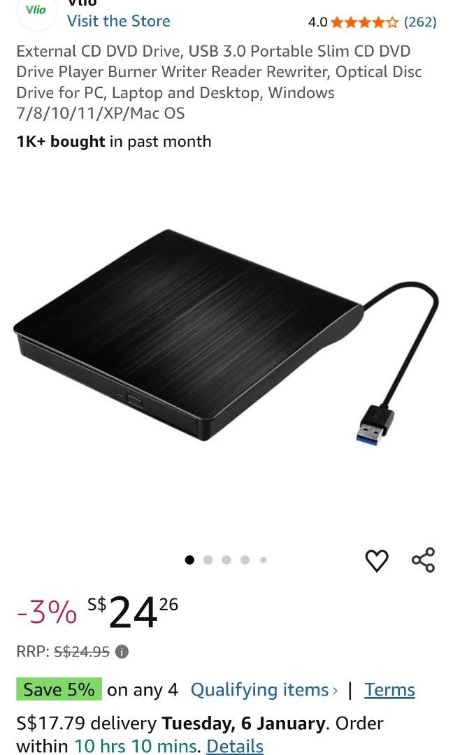 Vlio External CD DVD Drive, USB 3.0 Portable Slim CD DVD Drive Player ...