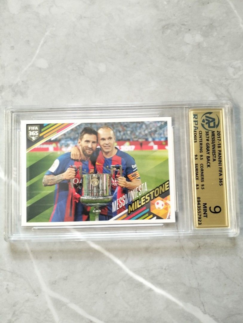 2017 Panini FIFA 365 Lionel Messi Iniesta Barcelona 9.5 GEM MINT ...