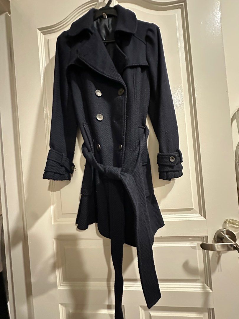 Navy Blue Wool Coat with Belt, Women's Fashion, Coats, Jackets and ...