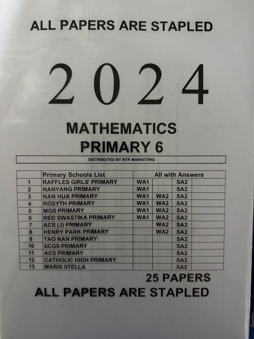Primary 6 Mathematics Practice Papers 2024 (P6 PSLE TOP SCHOOLS MATHS ...