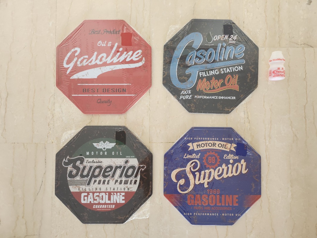 4 x Vintage Retro Embossed Gasoline Oil Metal Signs (Total S$72 only ...