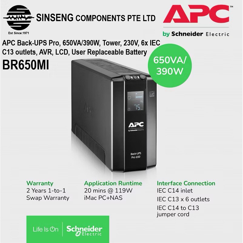 APC UPS BR650MI Backup Battery Back UPS Pro BR650VA, 6 Outlets, AVR ...