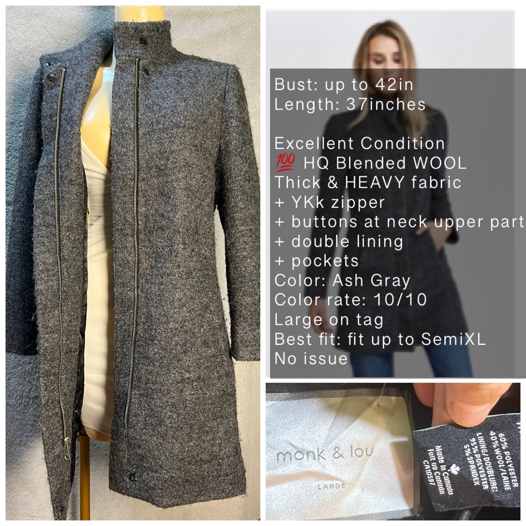 MONK & LOU ASH GRAY BLENDED WOOL COAT LARGE, Women's Fashion, Coats ...