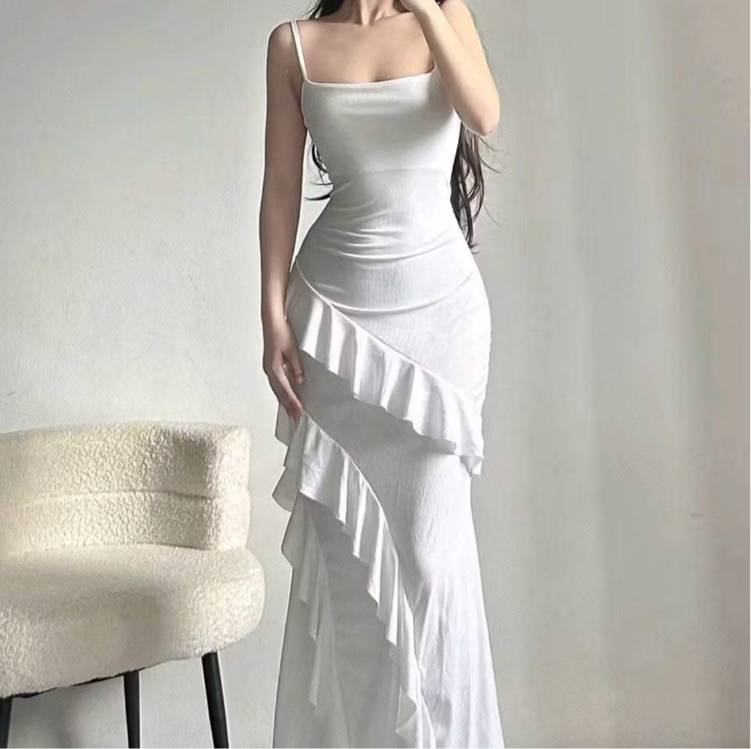 White Ruffle Maxi Dress, Women's Fashion, Dresses & Sets, Dresses on ...