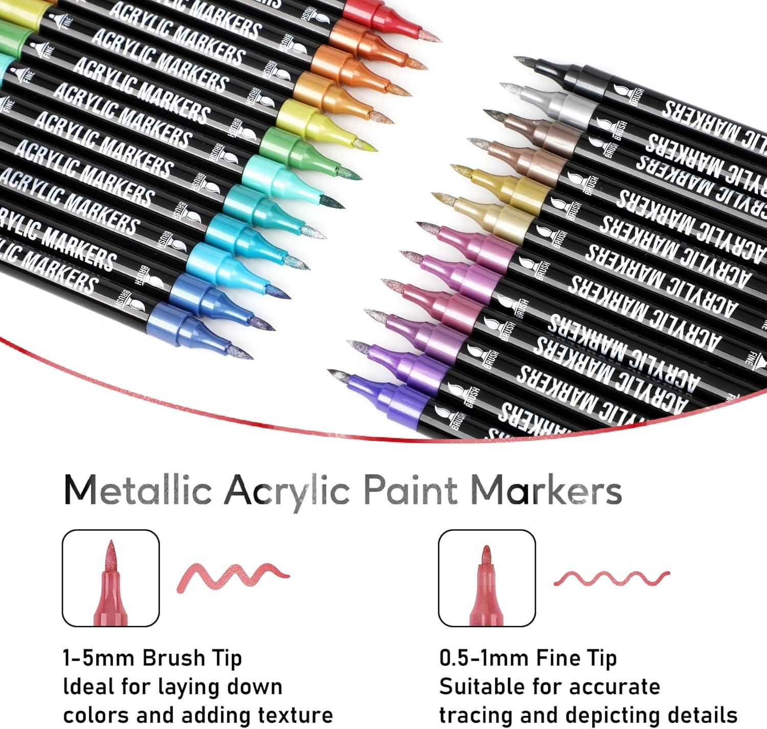 24 Metallic Colors Acrylic Paint Markers, Dual Tip with Fine Tip and ...