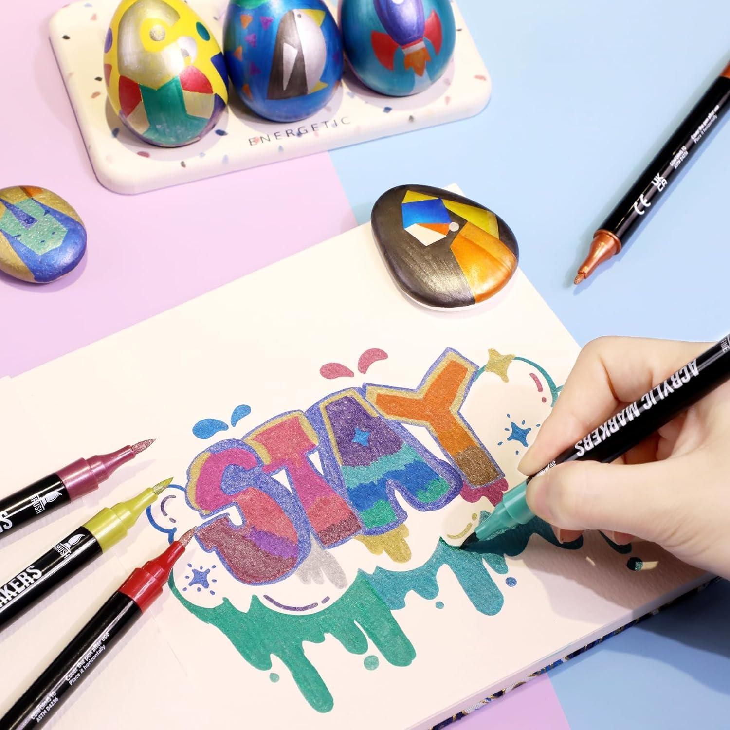 24 Metallic Colors Acrylic Paint Markers, Dual Tip with Fine Tip and ...