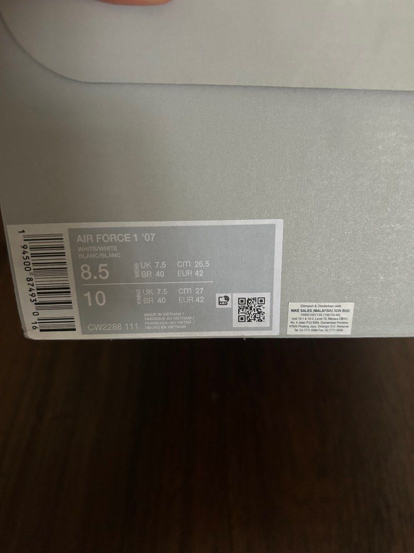 Nike Air Force 1 '07 - White - Size US8.5, Men's Fashion, Footwear ...