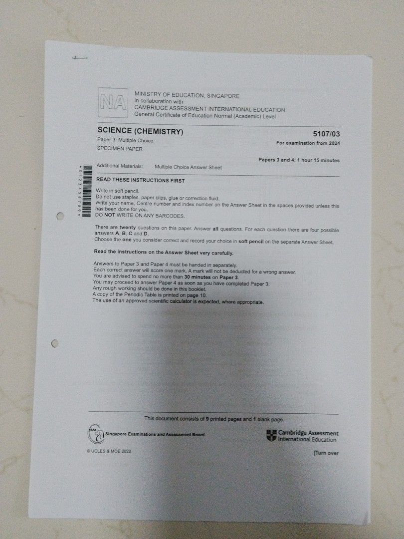 O Level Chemistry Paper 1 Specimen Paper, Hobbies & Toys, Books ...