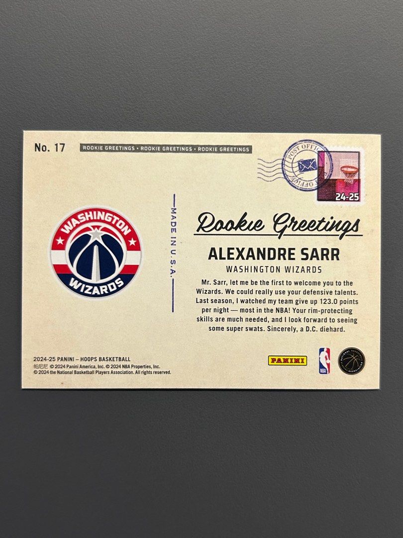 2024-2025 Panini Hoops Rookie Greetings Holo Alex Sarr Rookie Card ...