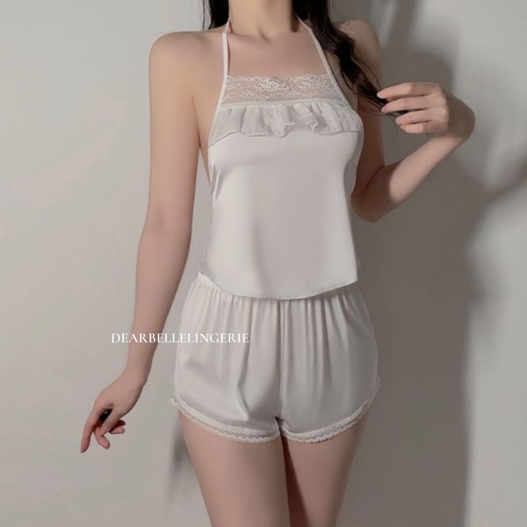 Smooth Satin Two Piece Sleepwear Set Sexy Lace Lingerie Silk Robe ...