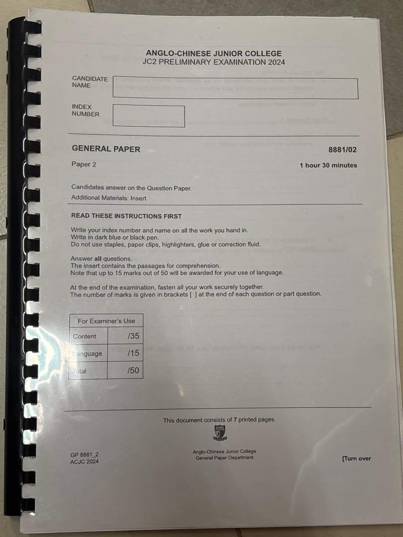H1 General Paper JC2 Preliminary Exam Paper 2024, Hobbies & Toys, Books ...