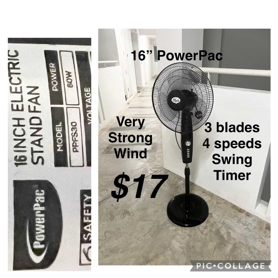 16” stand standing pedestal fan PowerPac very strong wind 3 blades 4 ...