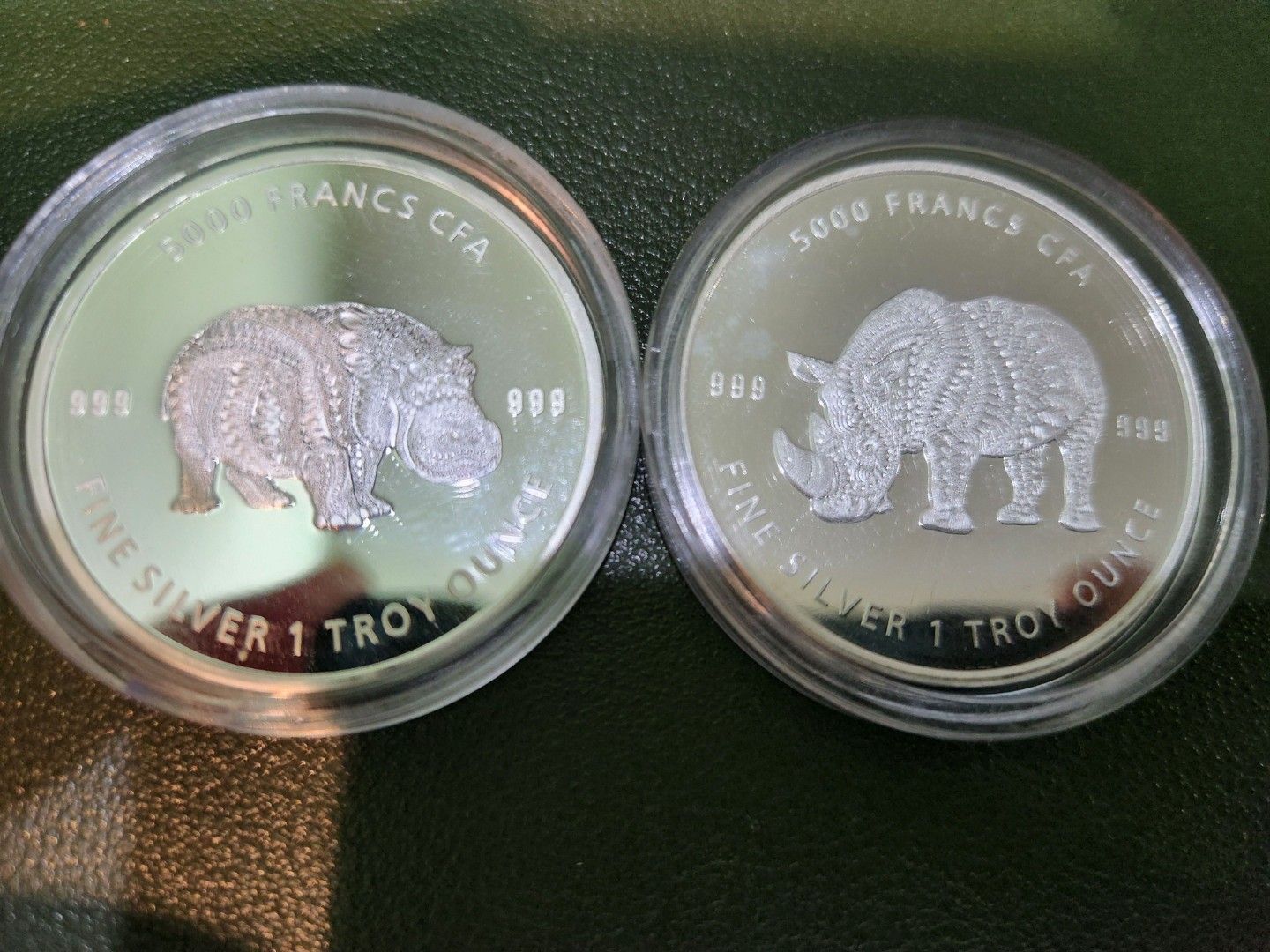 2pcs 999 Silver Coins - 5000 Francs CFA Rhino & Hippo, Hobbies & Toys ...