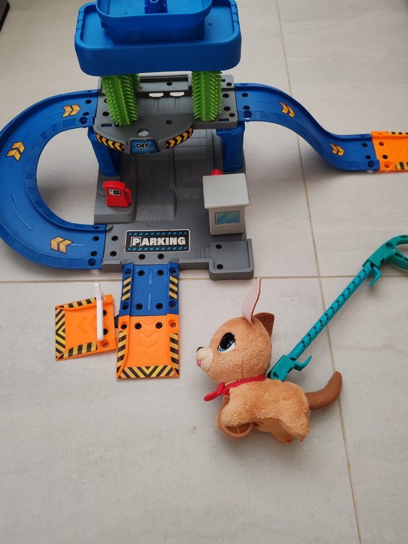 Toy Parking Garage Set with Plush Puppy, Hobbies & Toys, Toys & Games on Carousell