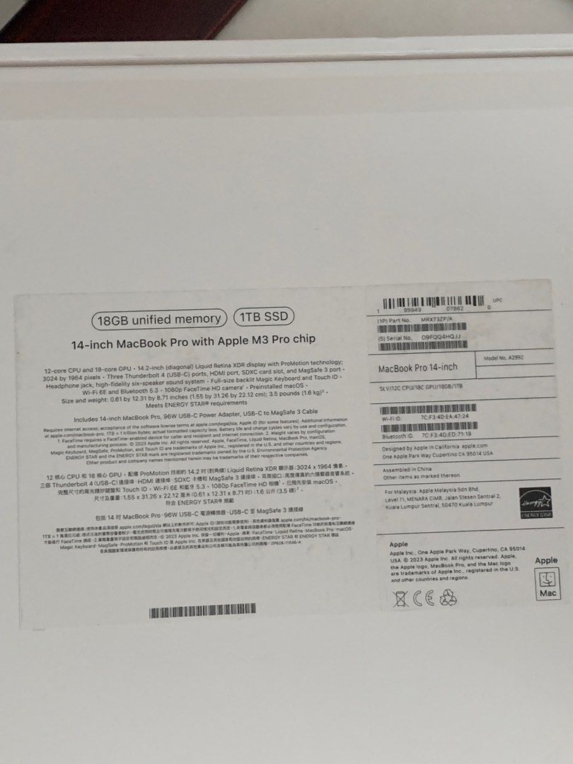 MacBook Pro M3 14 inch 1TB Box Only, Computers & Tech, Laptops ...