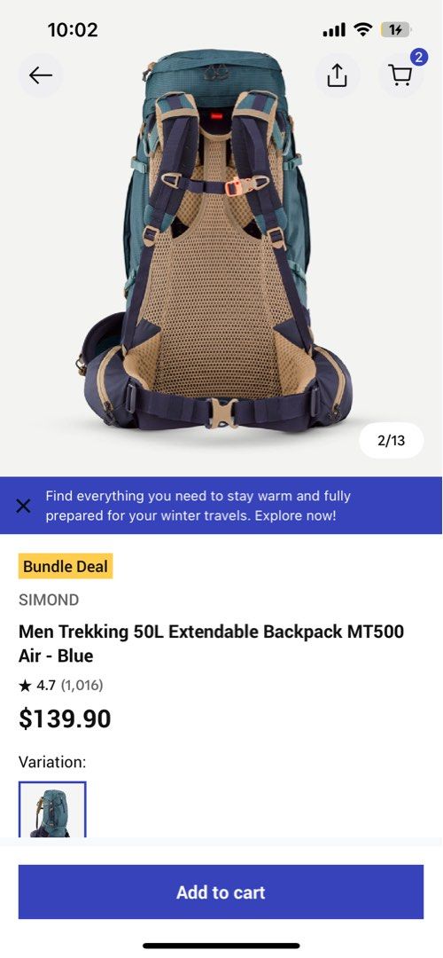 Simond Men Trekking 50L Extendable Backpack MT500 Air - Blue, Men's ...