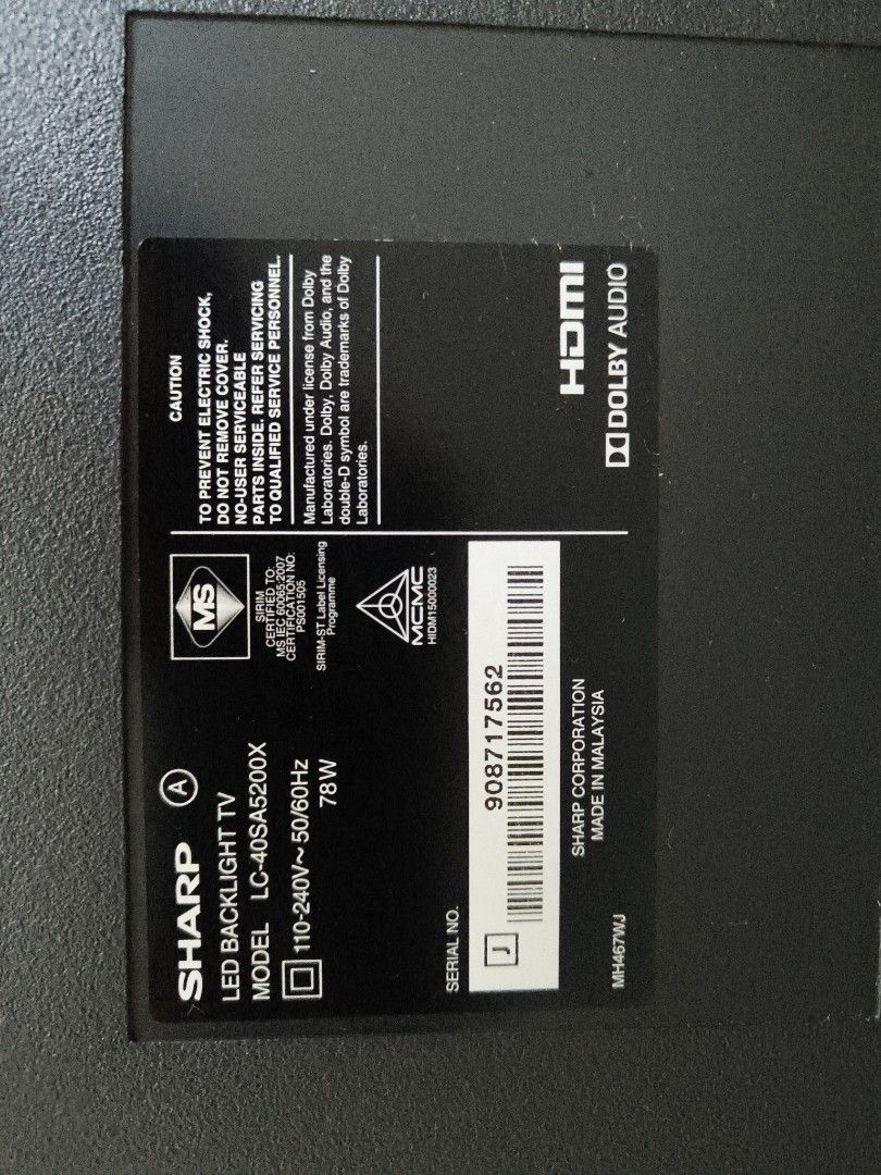 Sharp LED Backlight TV LC-40SA5200X, TV & Home Appliances, TV ...