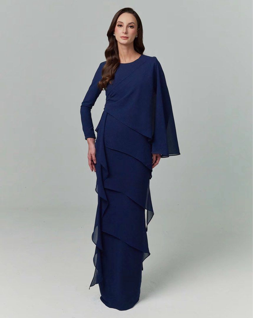 Navy Blue Layered Evening Dress, Women's Fashion, Dresses & Sets ...