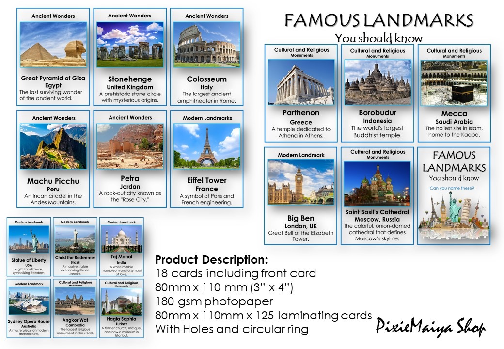 Famous Landmarks Laminated Flashcards, Hobbies & Toys, Toys & Games on ...