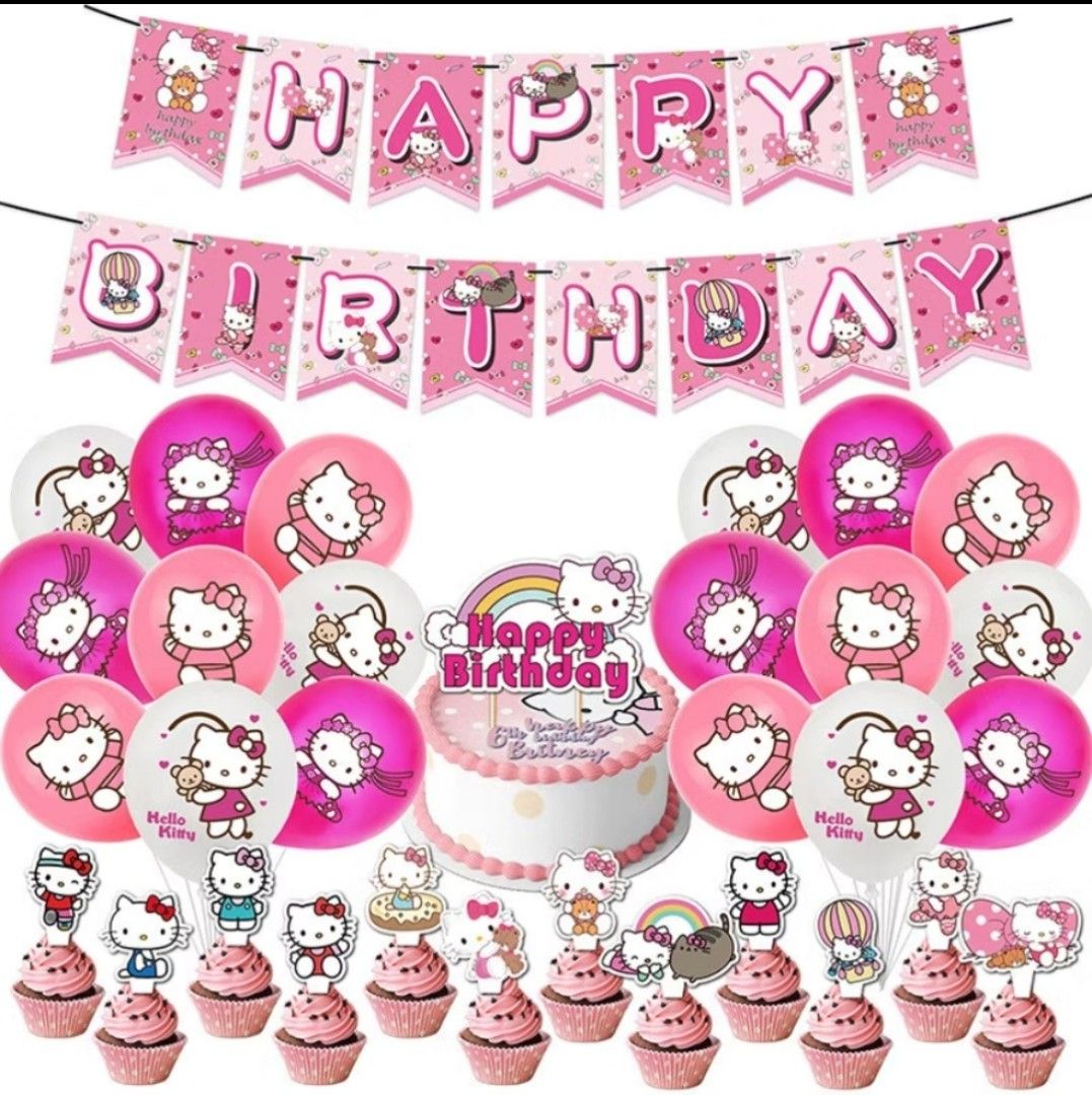 Hello kitty party decoration set cupcake toppers bunting birthday flag ...