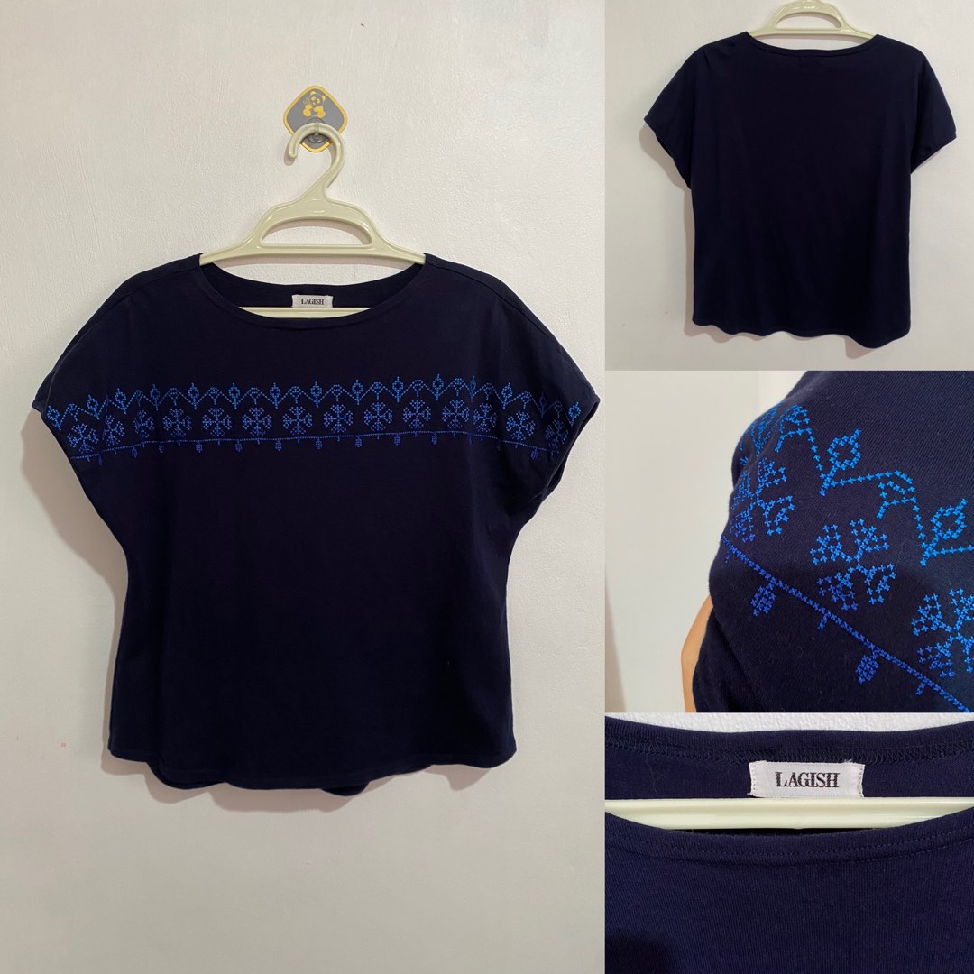 Lagish Japan Navy Blue Embroidered Top, Women's Fashion, Tops, Shirts ...