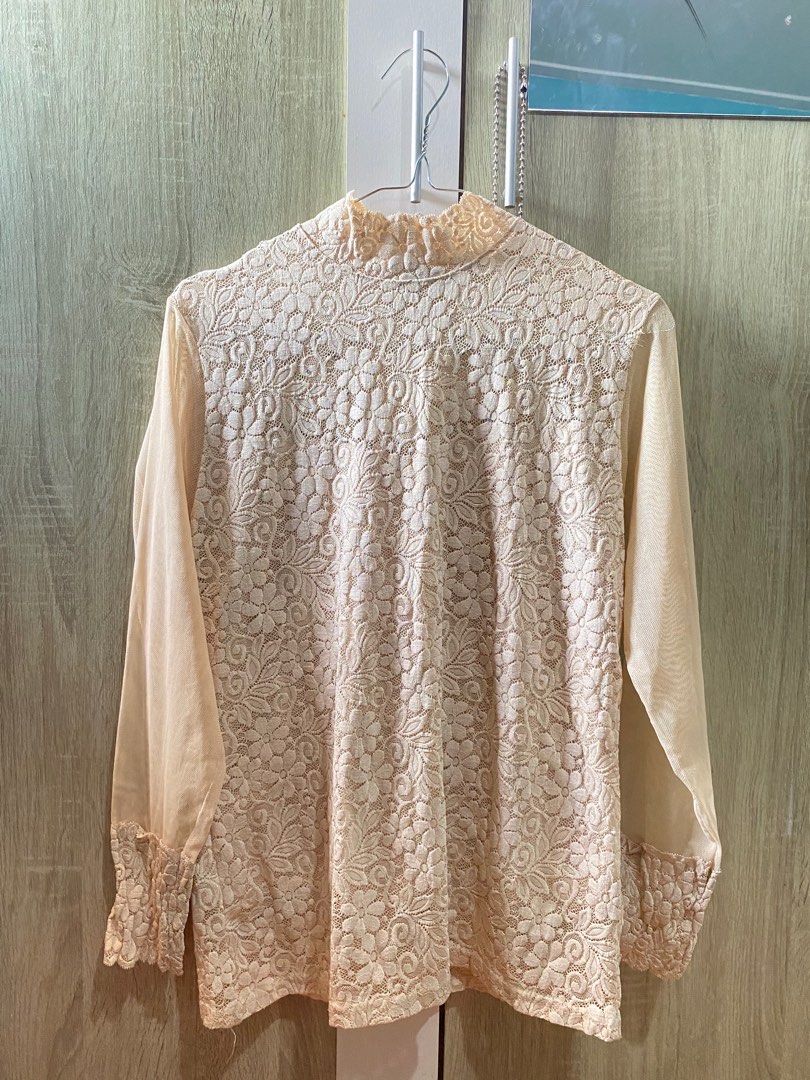 long sleeve brukat flower vintage cream, Fesyen Wanita, Pakaian Wanita ...