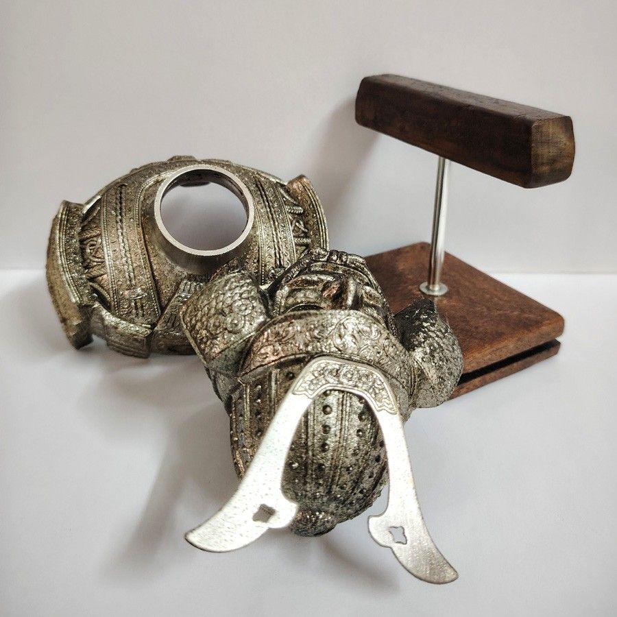 Vintage Metal Samurai Warrior Helmet & Shoulder Armor w/Wooden Stand ...