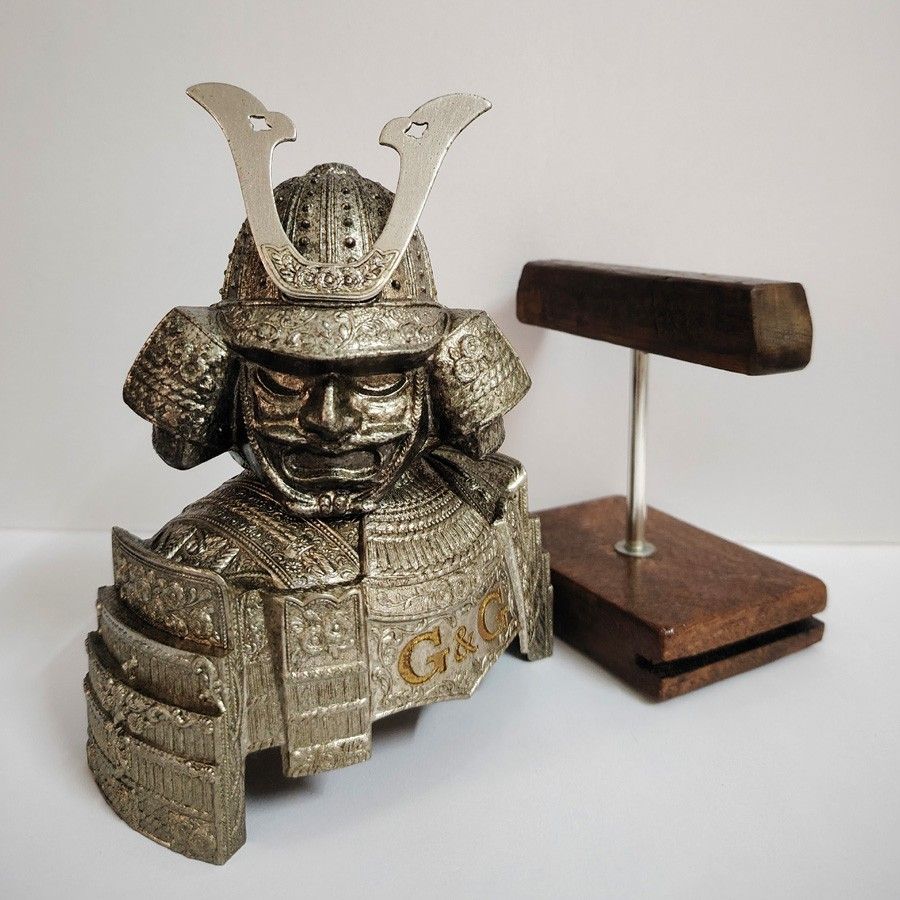 Vintage Metal Samurai Warrior Helmet & Shoulder Armor w/Wooden Stand ...