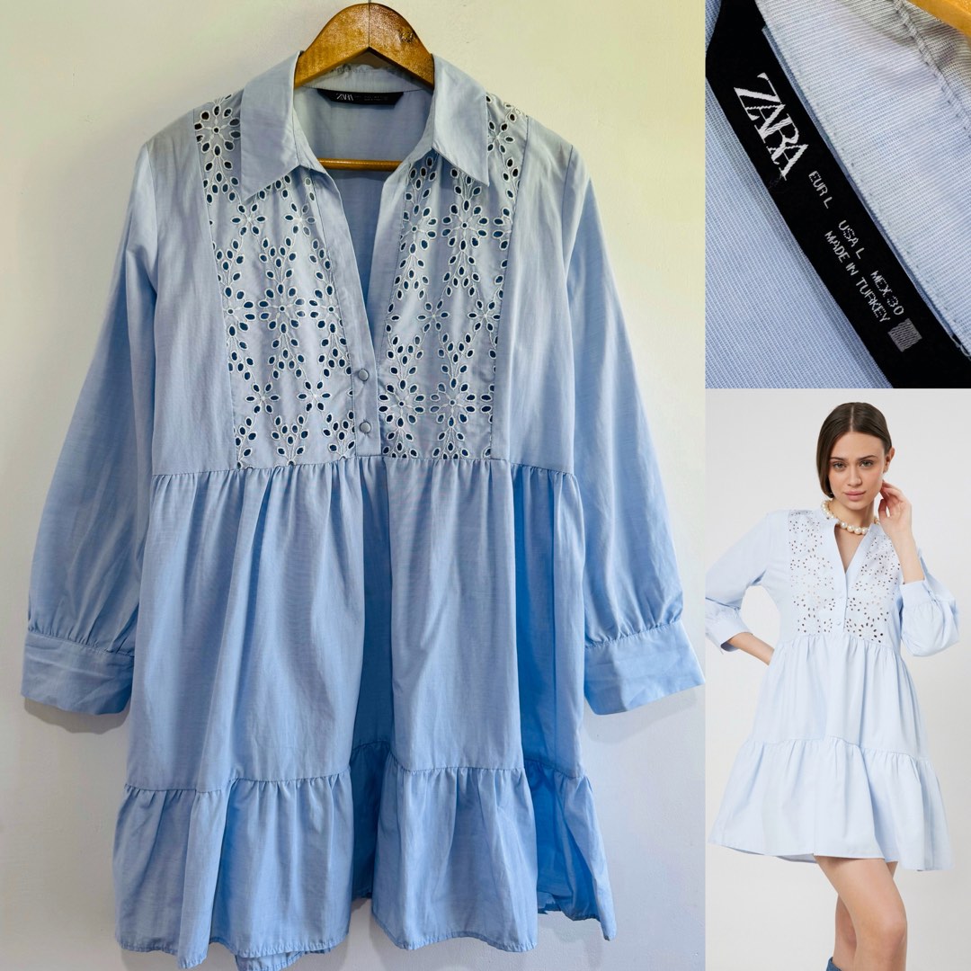 Zara Light Blue Collar LS Dress, Women's Fashion, Activewear on Carousell
