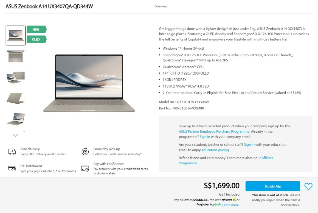 ASUS Zenbook A14 UX3407QA-QD344W, Computers & Tech, Laptops & Notebooks ...