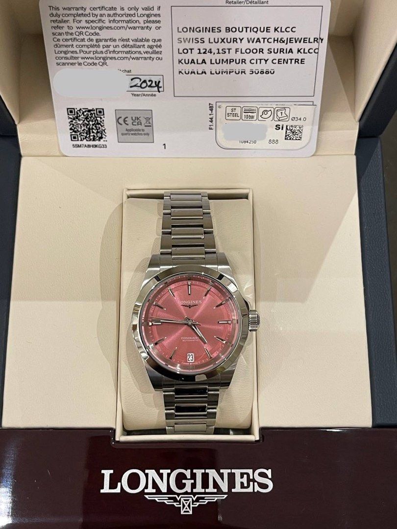 (BRAND NEW) 2024 LONGINES CONQUEST REF L3.430.4.99.6 PINK DIAL 34MM AUTOMATIC WATCH -FULL SET ...