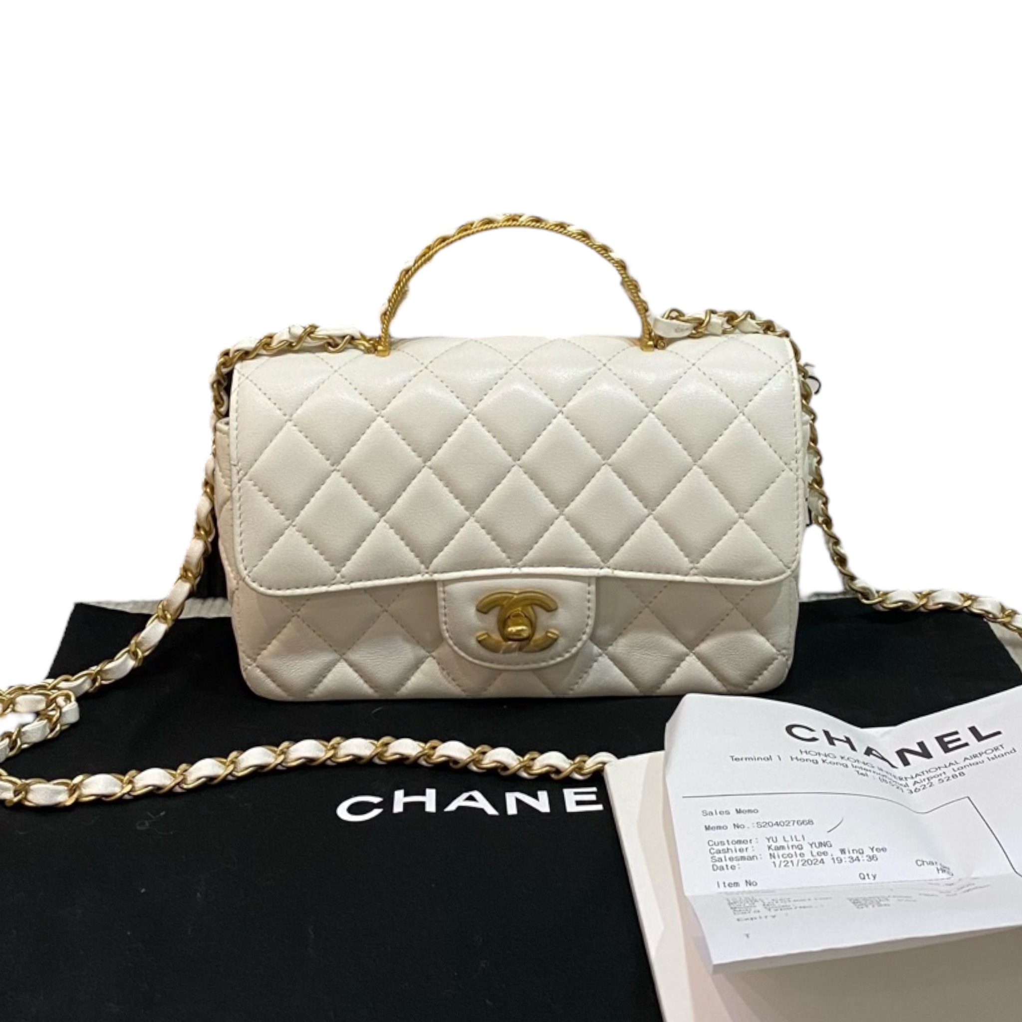Chanel 23K Small Flap Bag with Top Handle in White Lambskin GHW, Luxury ...