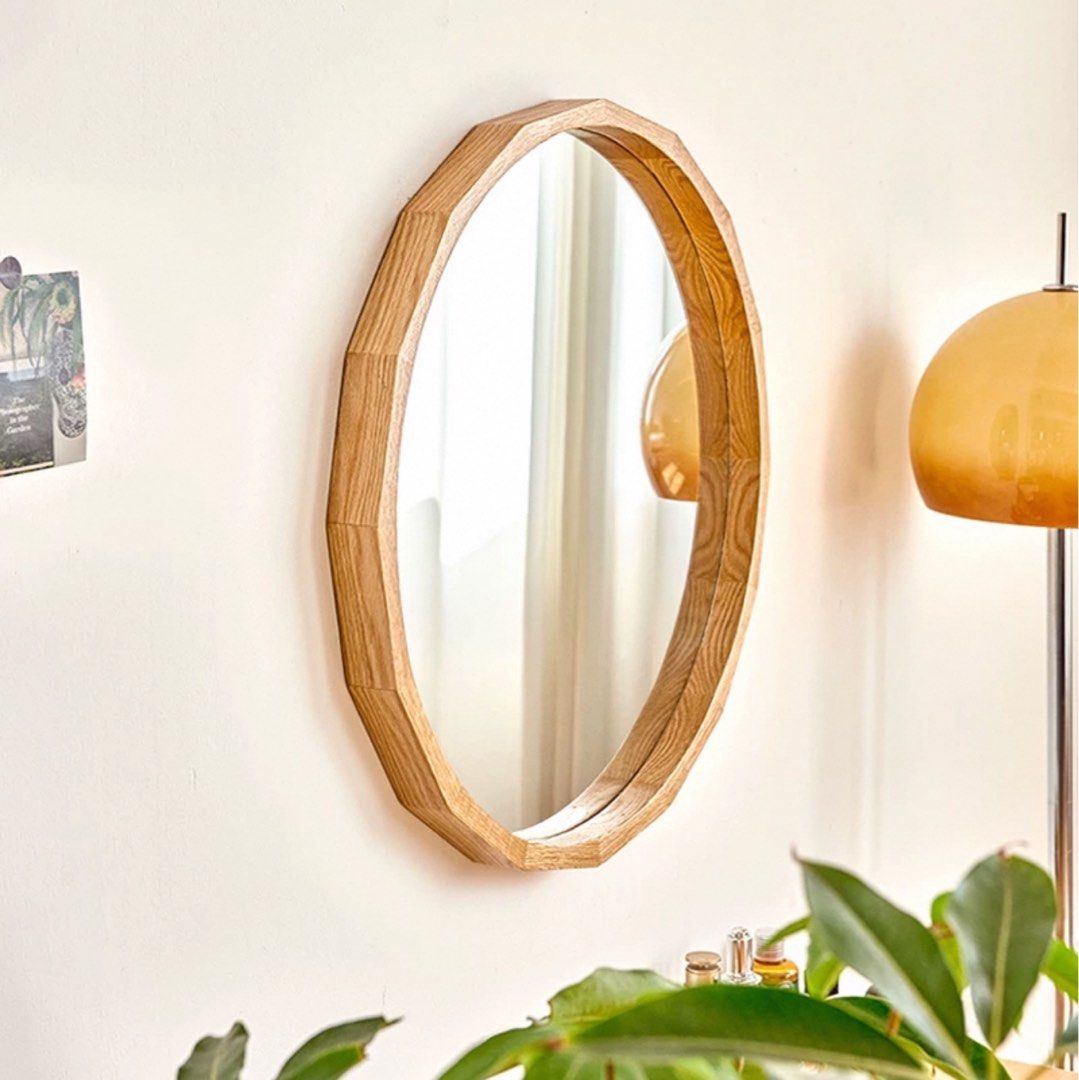 Circular mirror 50cm muji wood style, Furniture & Home Living, Home ...