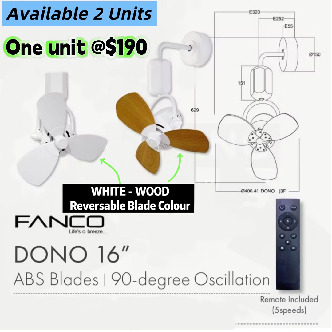 (Available 2x) Fanco DONO-16 corner fan (white/wood colour), Furniture ...