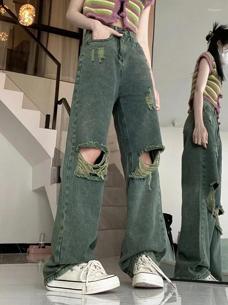 Grudge Vintage Green Ripped Tattered Knee Y2k Straight Wide Leg ...