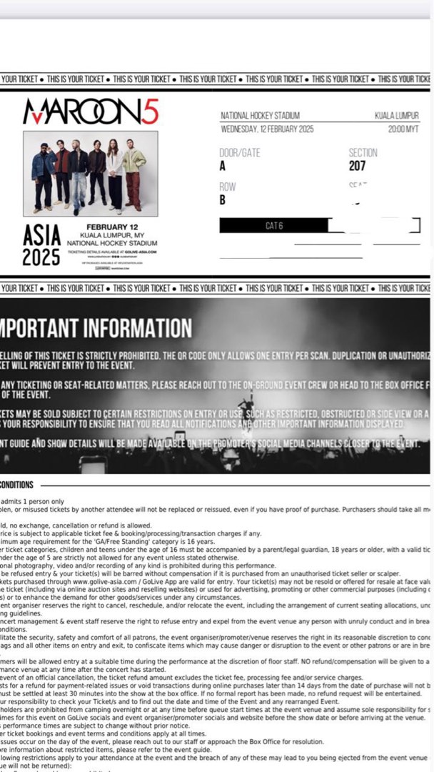 Maroon 5 Ticket Cat 6 February 12th 2025, Tickets & Vouchers, Event Tickets on Carousell
