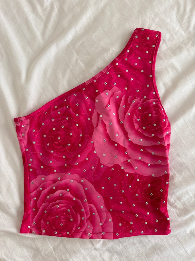 most gorg pink sequinned asymmetrical rose top, Women's Fashion, Tops ...