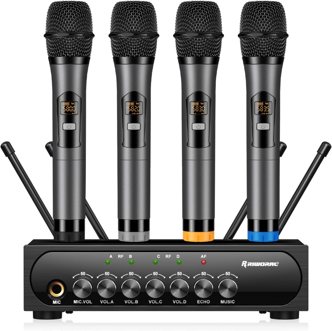 [sg stock] Riworal Wireless Microphone System Karaoke 4 Channel UHF ...