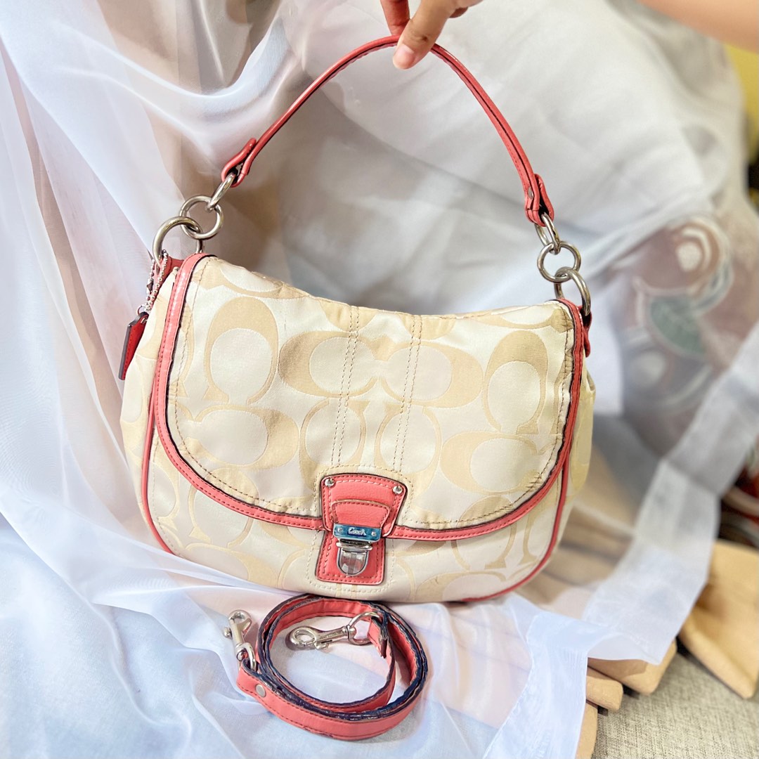 Coach Signature C Beige Canvas Pink Leather Trim Push Lock Crossbody ...