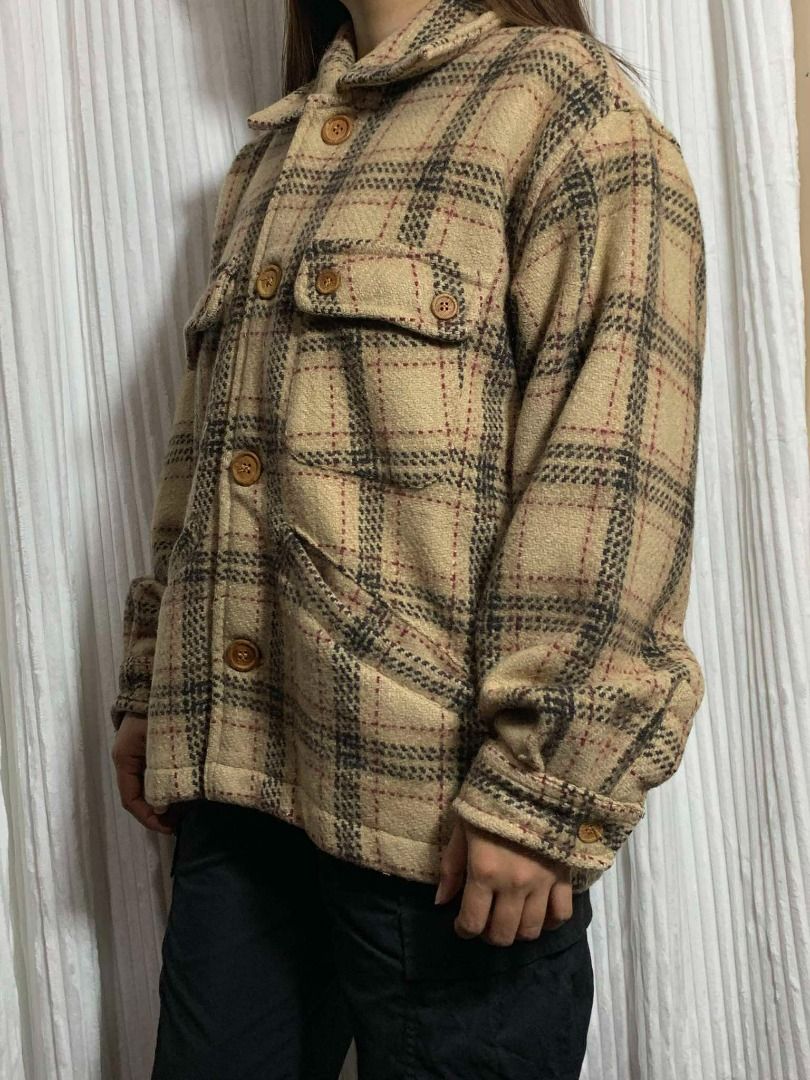 JUNGLE STORM MEN'S TWEED WOOL BLEND PLAID OVERSHIRT JACKET (Full inner ...