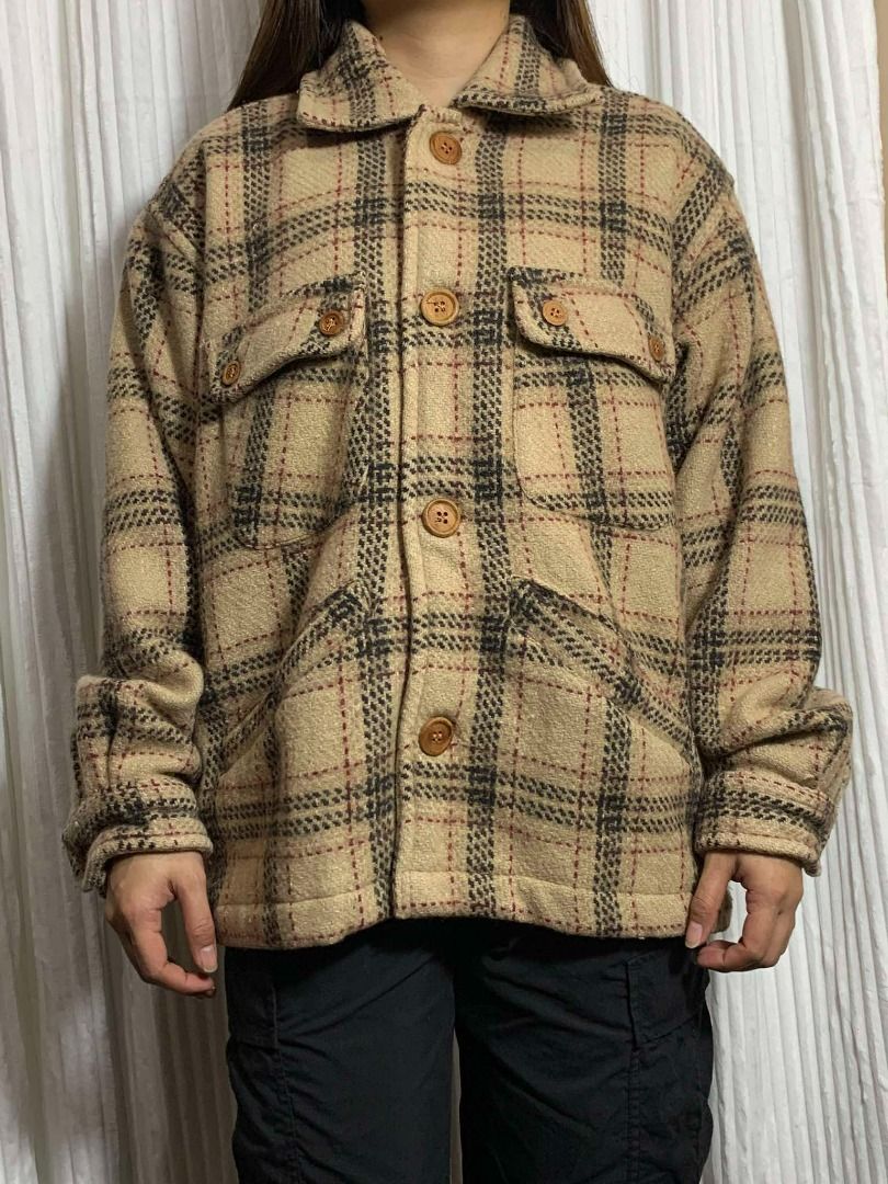 JUNGLE STORM MEN'S TWEED WOOL BLEND PLAID OVERSHIRT JACKET (Full inner ...