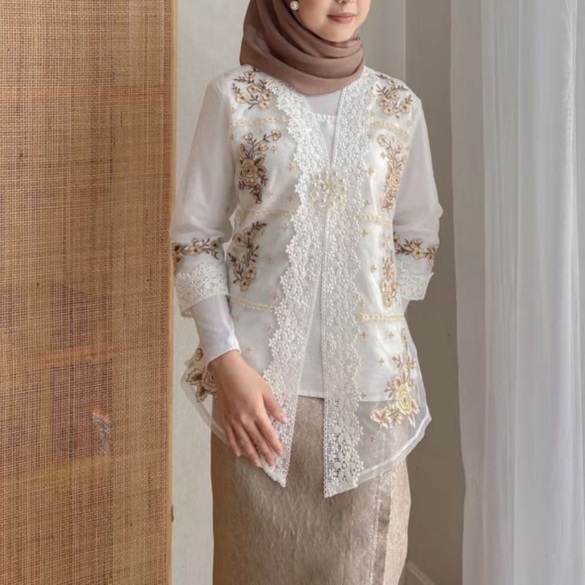 Kuntum Kebaya | raya 2025 | embroidery organza baju kurung brown nude ...